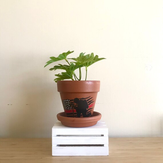 Firefighter Red Line Flag Terracotta Clay Pot Hand Painted | Etsy