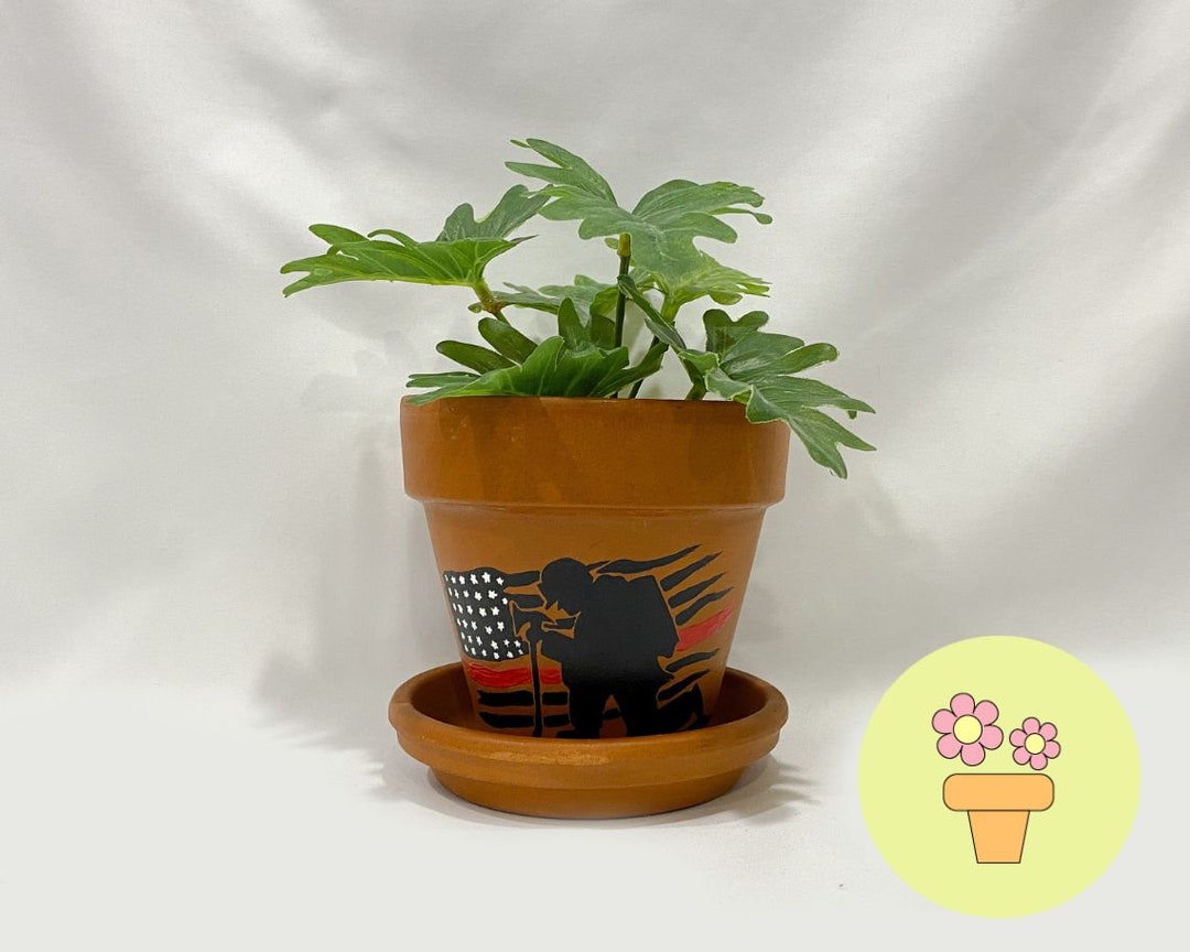 Firefighter Red Line Flag Terracotta Clay Pot - Hand Painted Planter ...