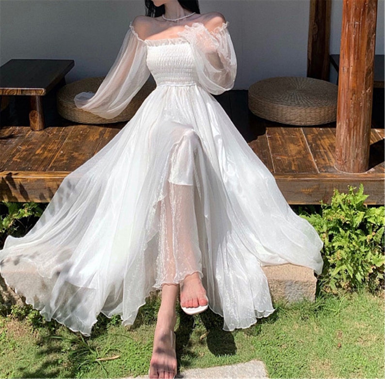 White Fairy Dress Puffed Long Sleevedress Fairycoredress - Etsy Australia