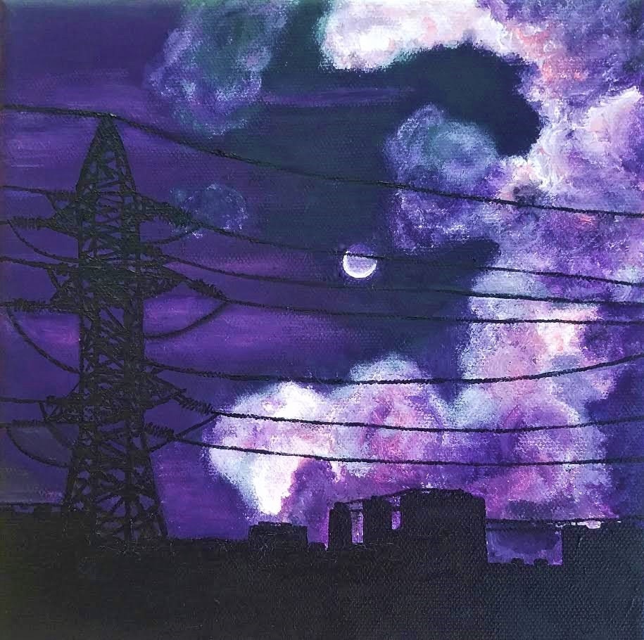 Nightime Dark Cloudy Sky Painting, Purple Sky Art Print, Dark Clouds ...