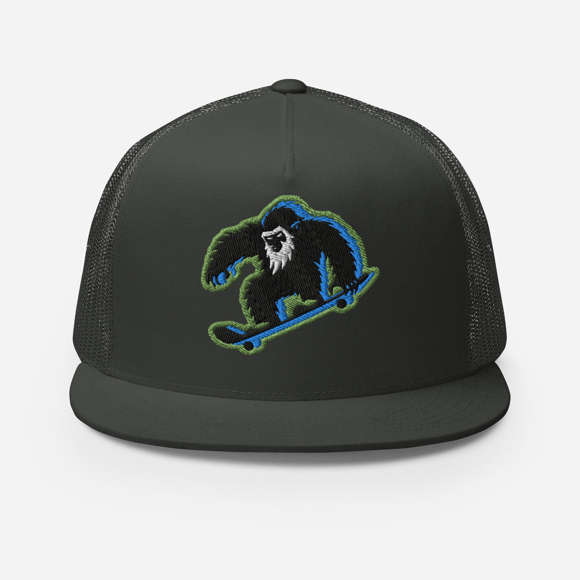 Sasquatch Skater Trucker Hat, Flat Brim Embroidered Bigfoot Baseball ...