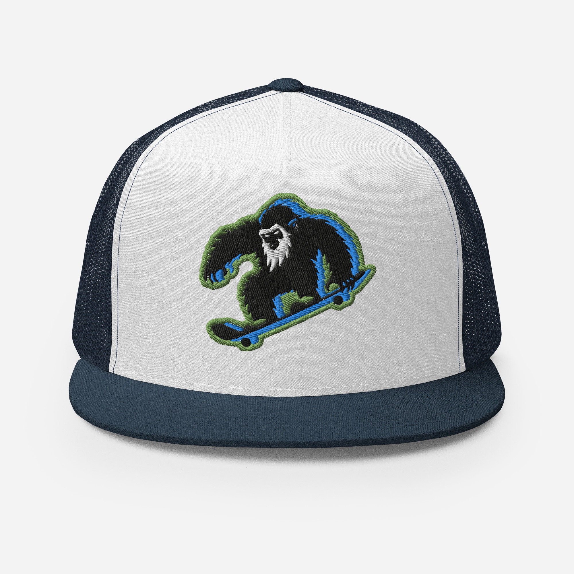 Sasquatch Skater Trucker Hat, Flat Brim Embroidered Bigfoot Baseball ...