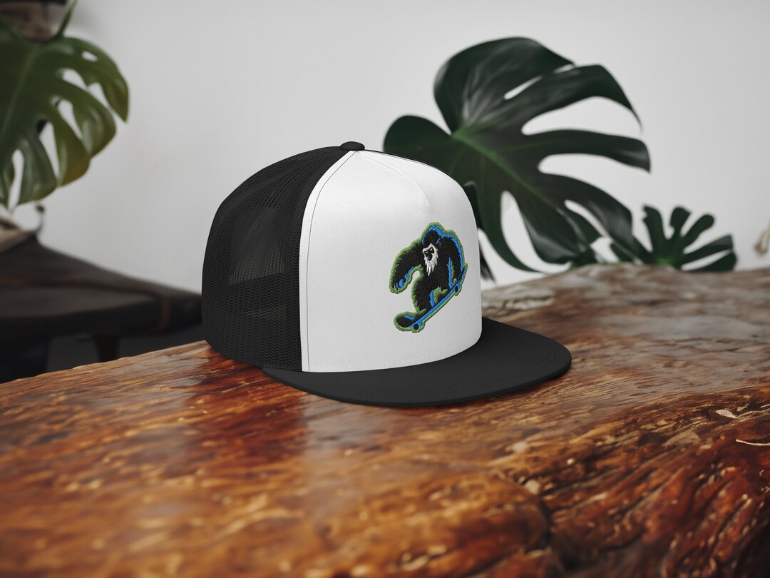 Sasquatch Skater Trucker Hat, Flat Brim Embroidered Bigfoot Baseball ...
