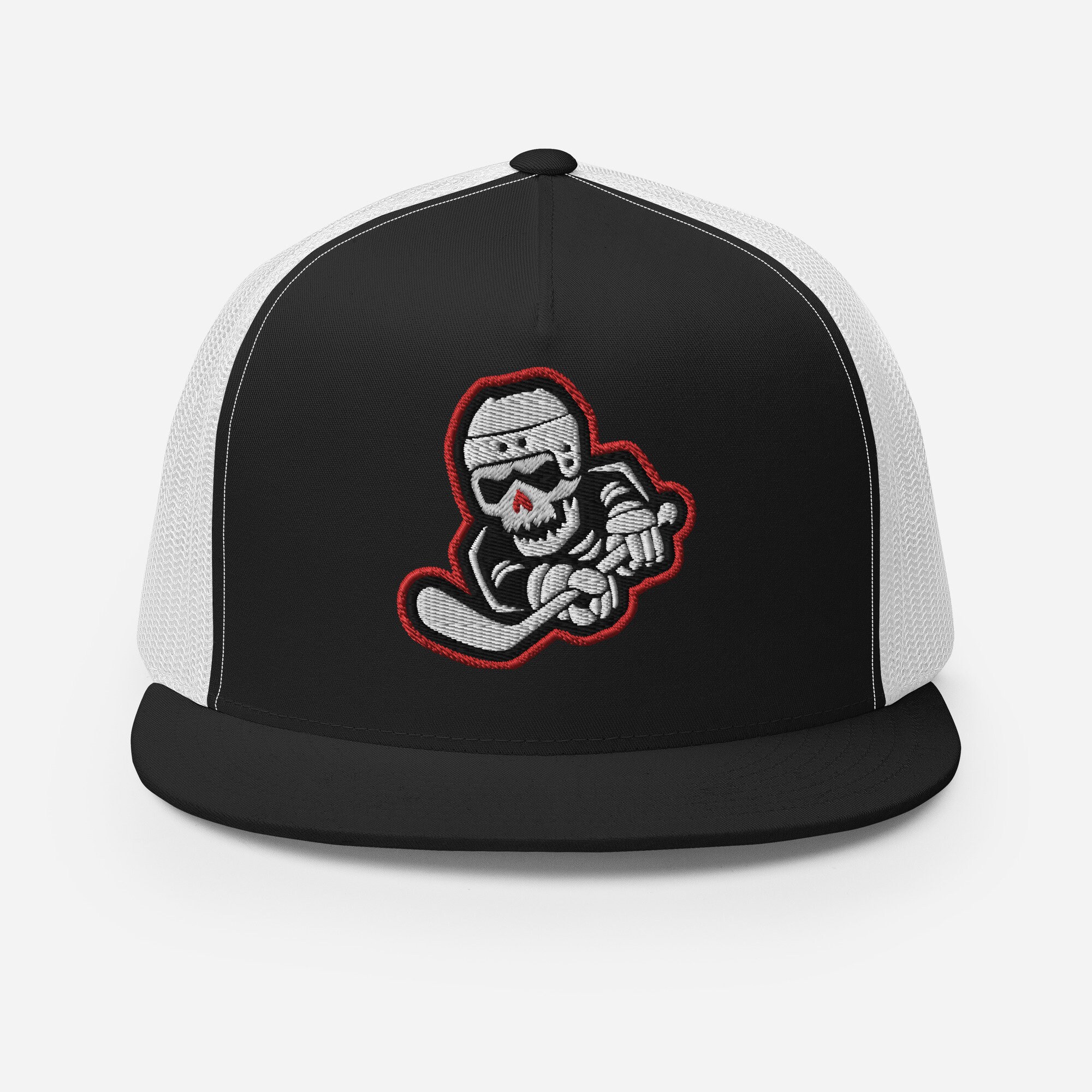 Skeleton Striker Trucker Cap: Flat Brim Hockey Skull Embroidered ...