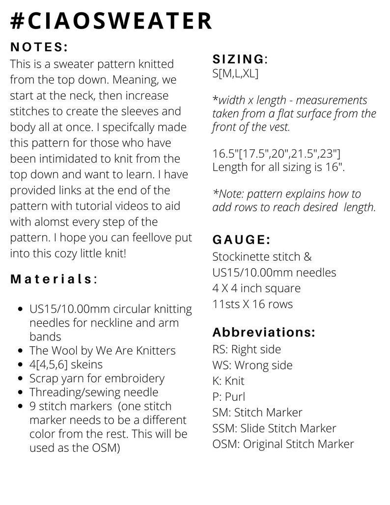 CIAO SWEATER Beginner Friendly Knitting Pattern - Etsy
