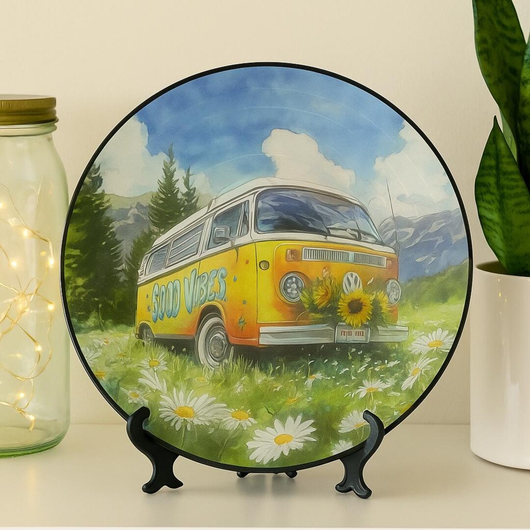 Groovy VW Bus "good Vibes" Vinyl Record Art – 12" Retro Hippie Decor ...
