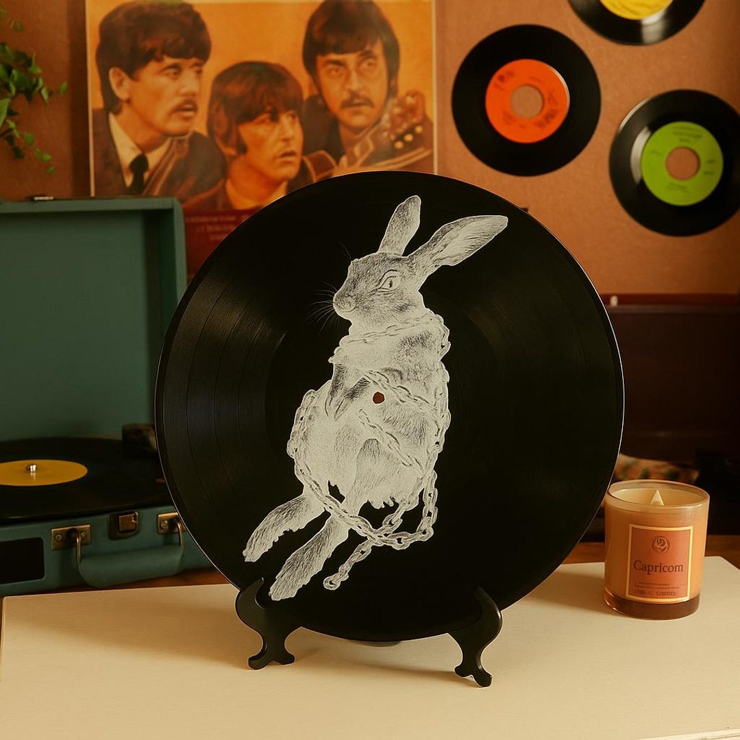 White Rabbit Vinyl Art on Upcycled Record – Mystical Gothic Rabbit Wall ...