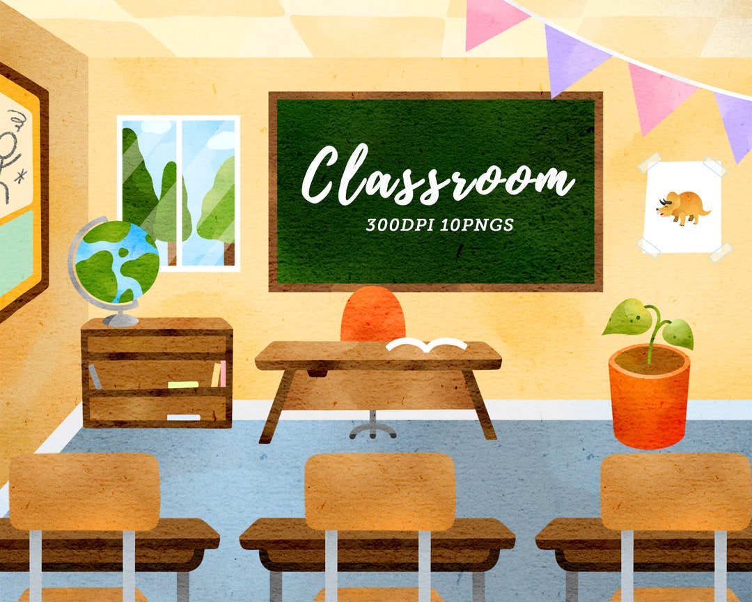 Watercolor Classroom Clipart / Classroom Illustration / Classroom Scene ...