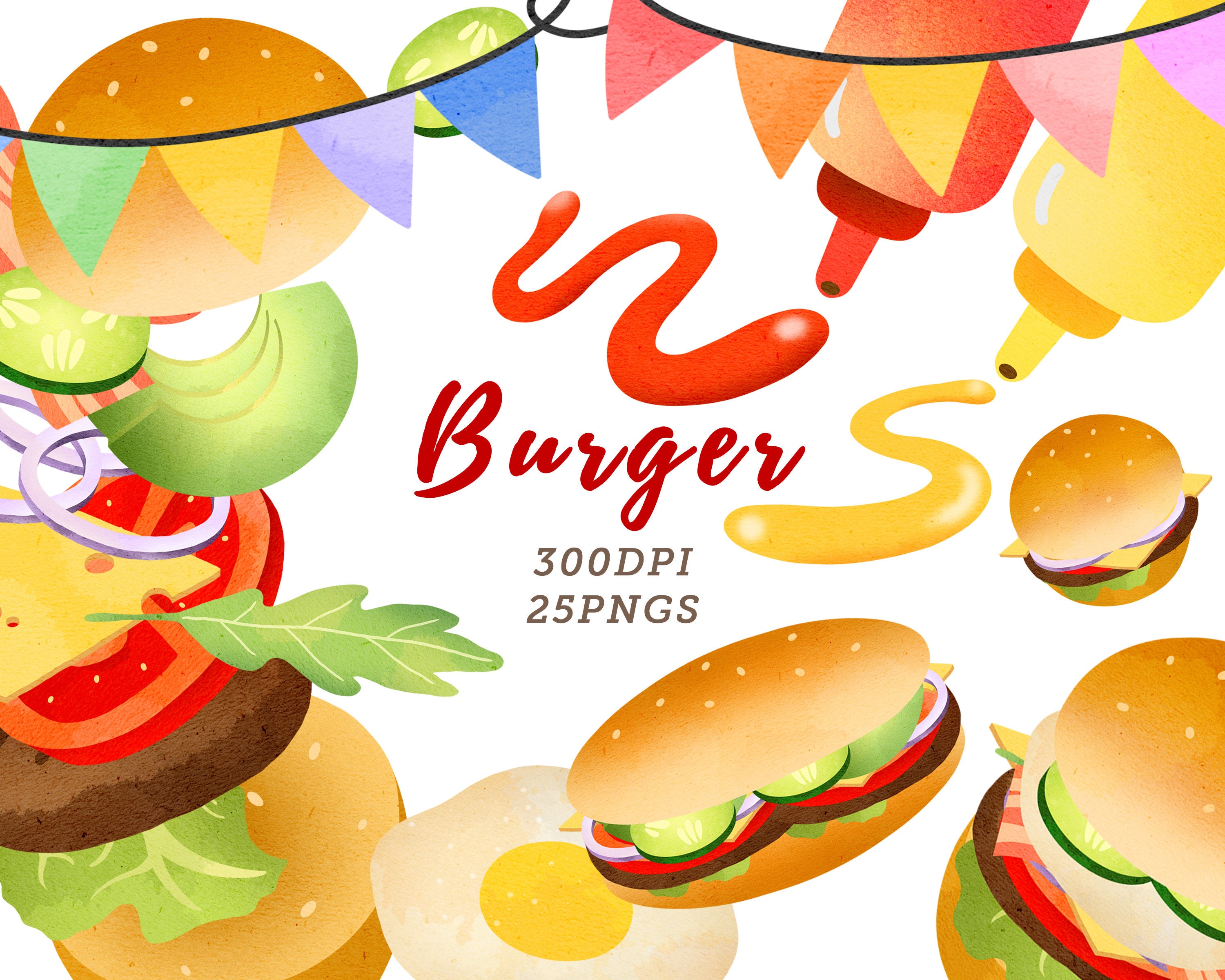 Watercolor Burgers Clipart / Fast Food Download / Junk Food / Instant ...
