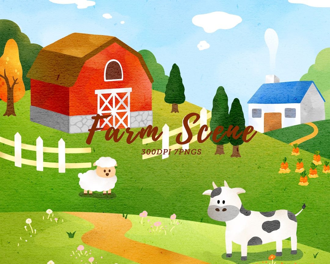 Watercolor Farm Scene Clipart / Farm Clipart / Grassy Hills / Farmland ...