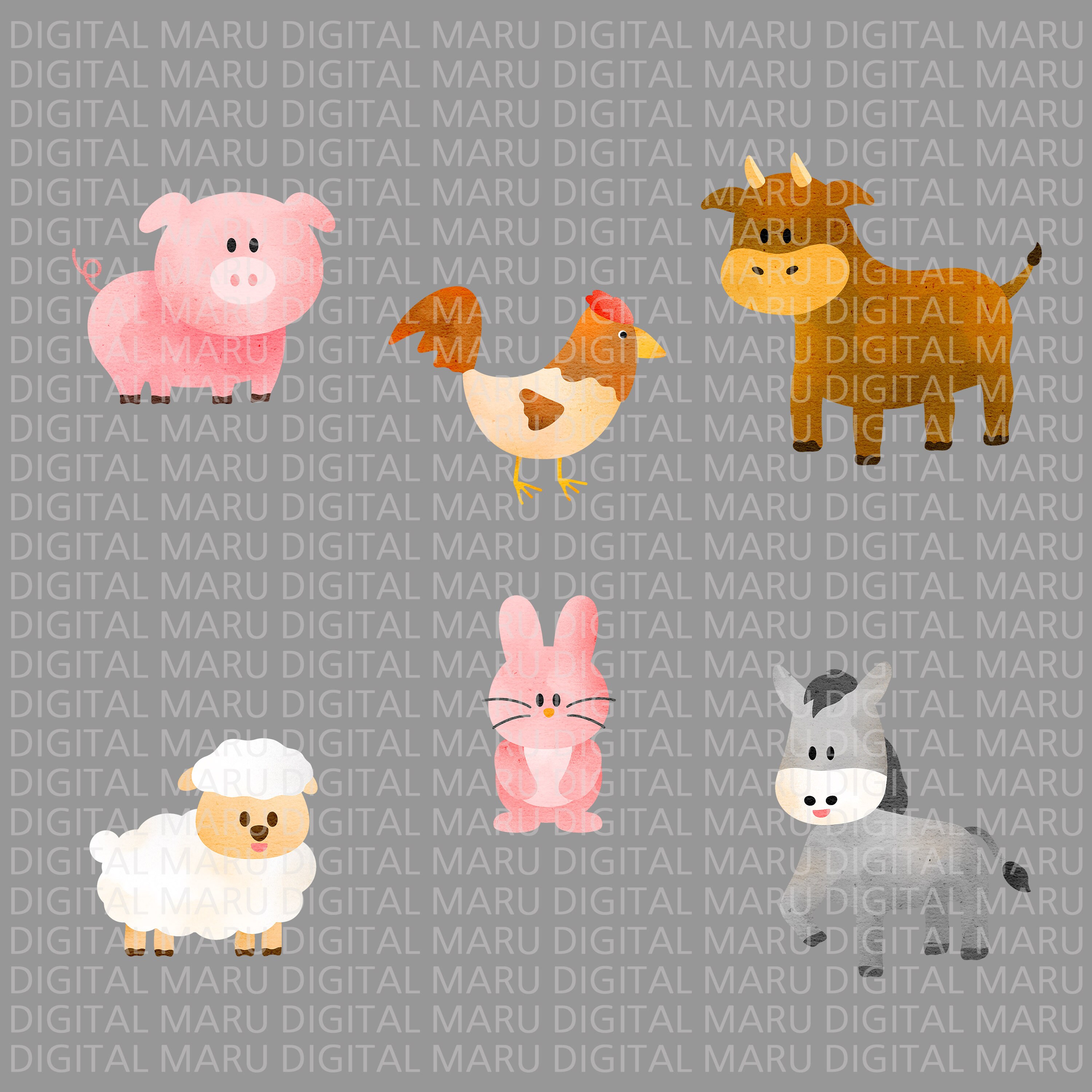 Watercolor Farm Animals Clipart / Farm / Barn / Farmyard Animals / Pig ...