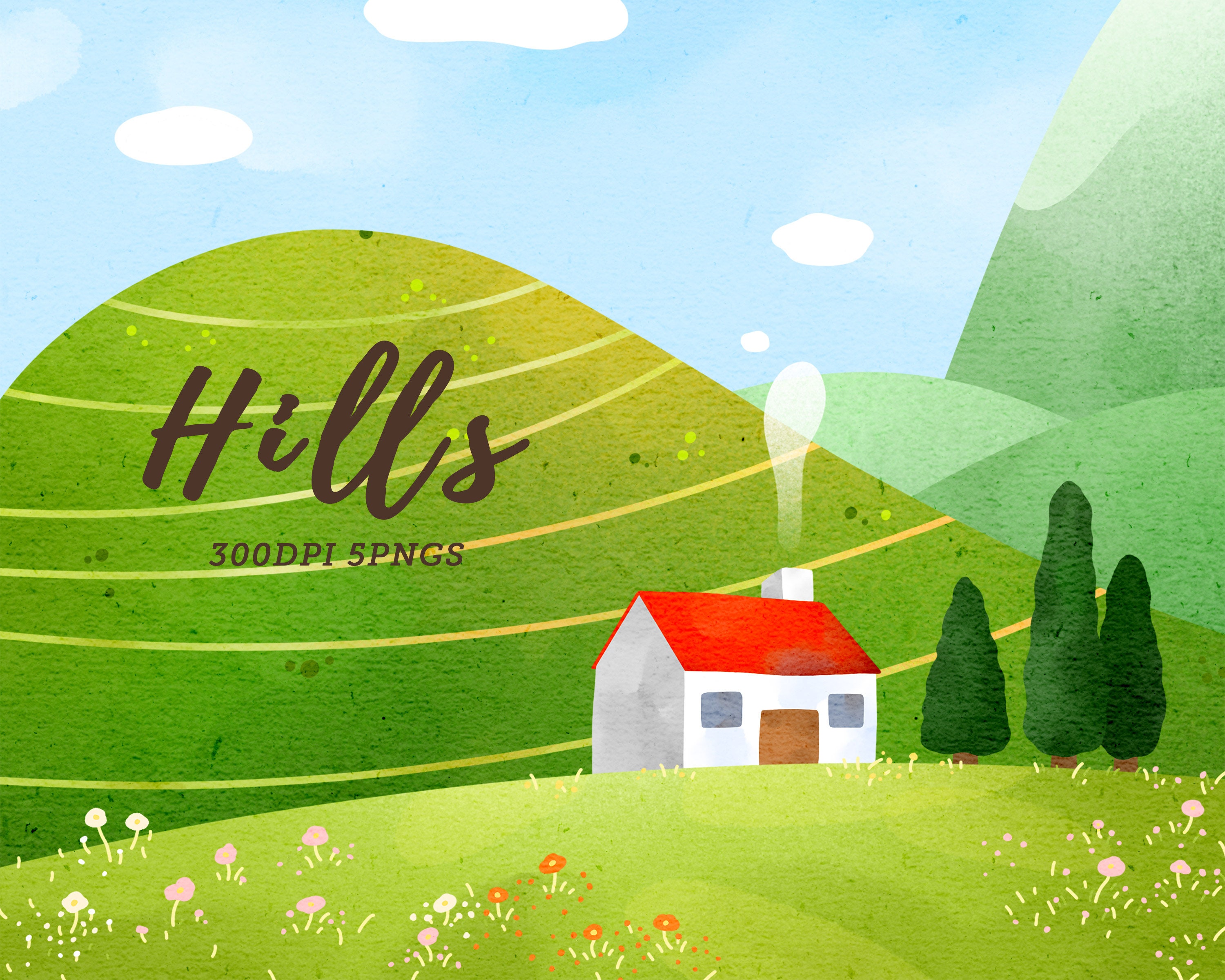 Watercolor Hills Clipart / Grassy Hills Clipart / Grassy Field / Blue ...