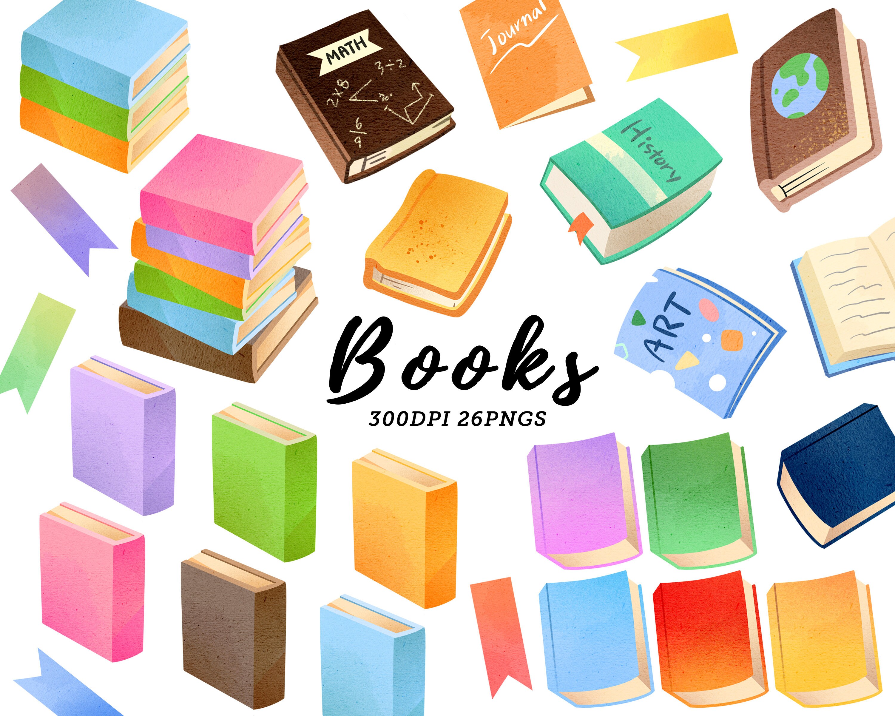 Watercolor Books Clipart / Educational Items Download / Instant ...