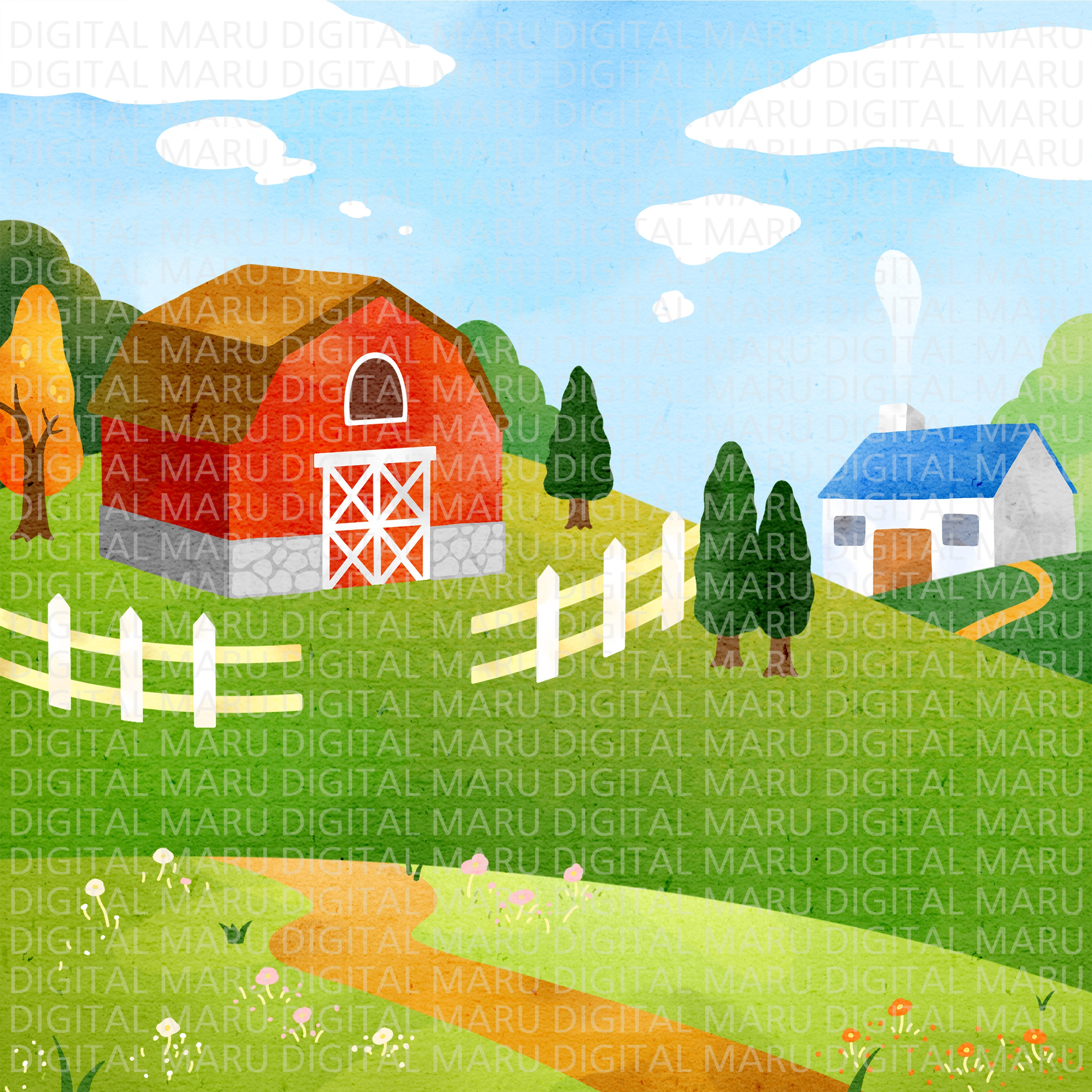 Watercolor Farm Scene Clipart / Farm Clipart / Grassy Hills / Farmland ...