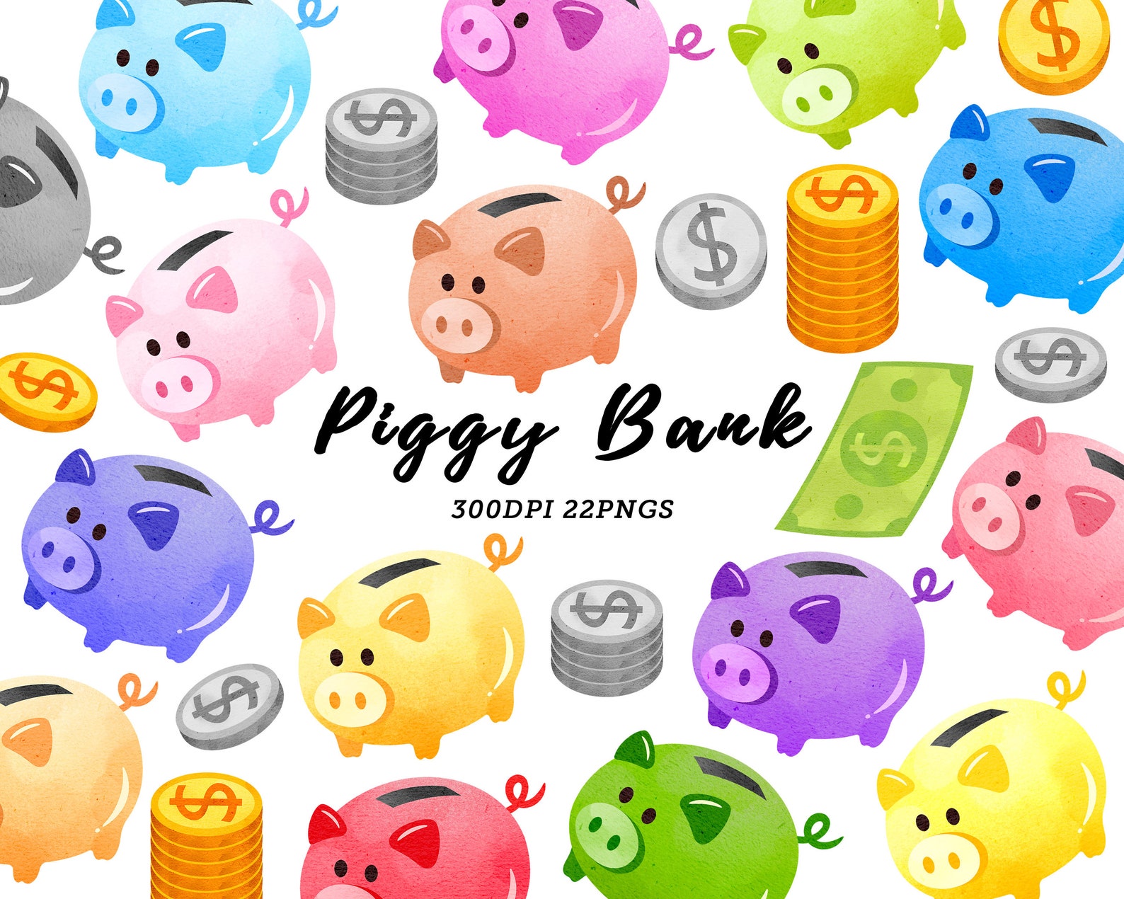 Watercolor Piggy Bank Clipart / Money Clipart / Bank Clipart ...