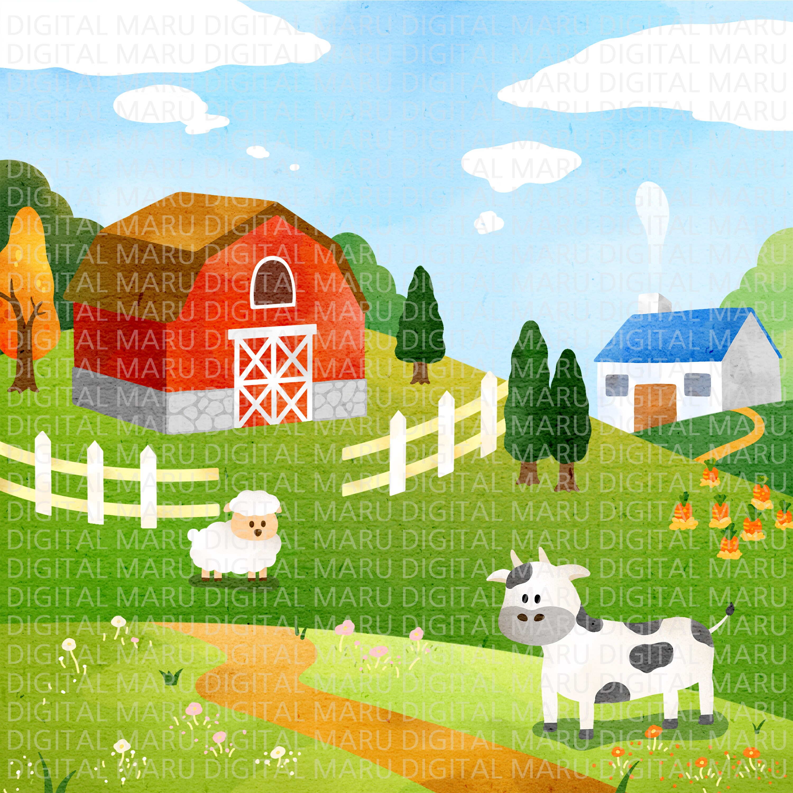 Watercolor Farm Scene Clipart / Farm Clipart / Grassy Hills / Farmland ...