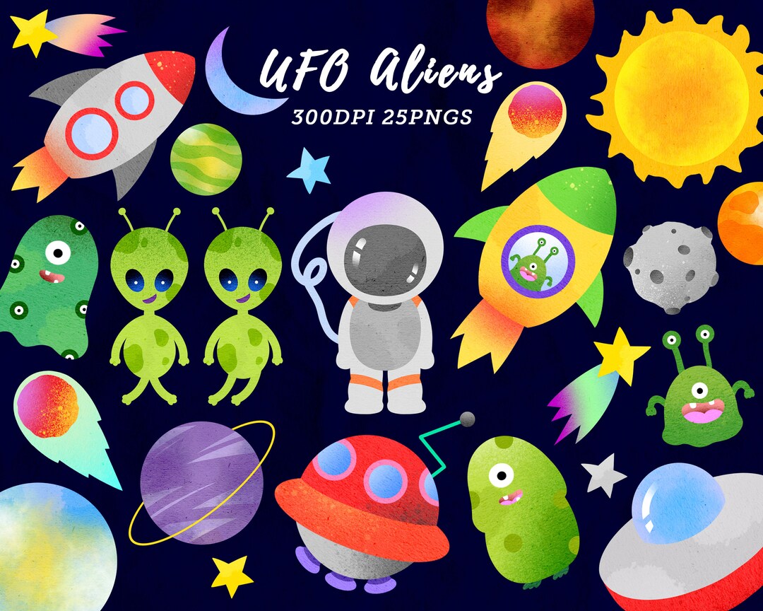 Watercolor UFO Aliens Clipart / Space Aliens Download / Spaceship / Sci ...