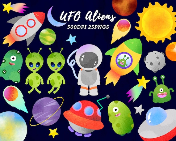 Watercolor UFO Aliens Clipart / Space Aliens Download / | Etsy