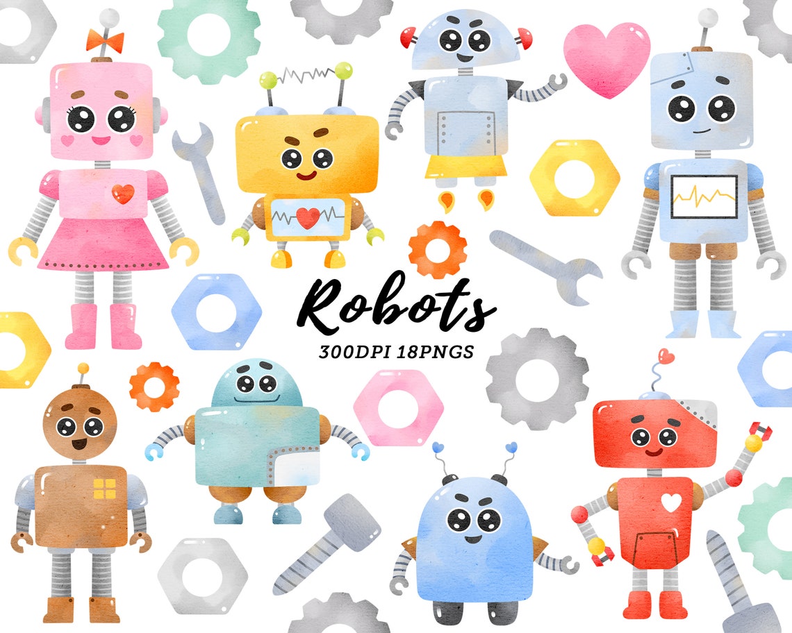 Watercolor Robots Clipart / Cute Robots Clip Art / Vintage Robots / Ai ...