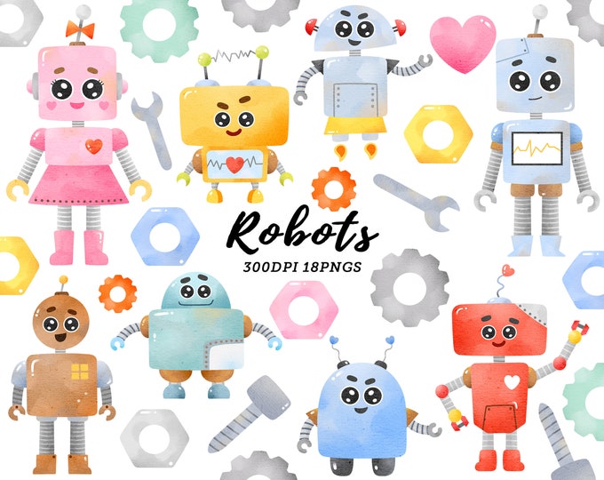 20 Cute Robots Clip Art, Adorable Bot Printable Image, Nursery Wall Art ...