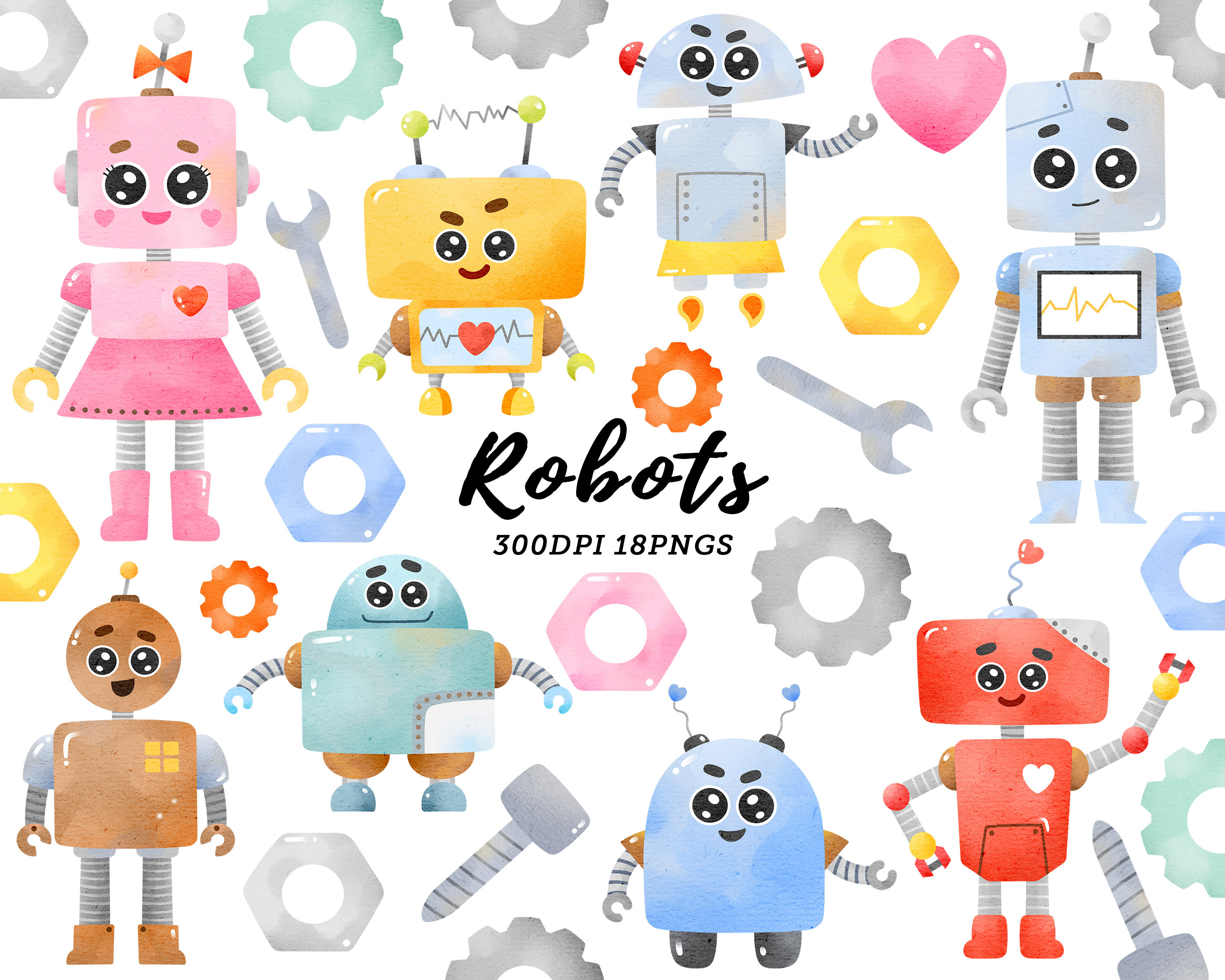 Watercolor Robots Clipart / Cute Robots Clip Art / Vintage Robots / Ai ...