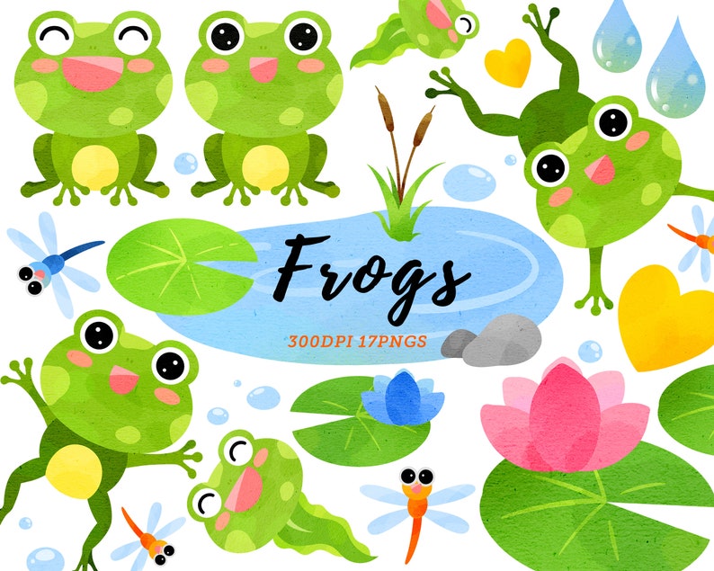 Watercolor Frogs Clipart / Pond Download / Cute Frogs / Dragonfly ...