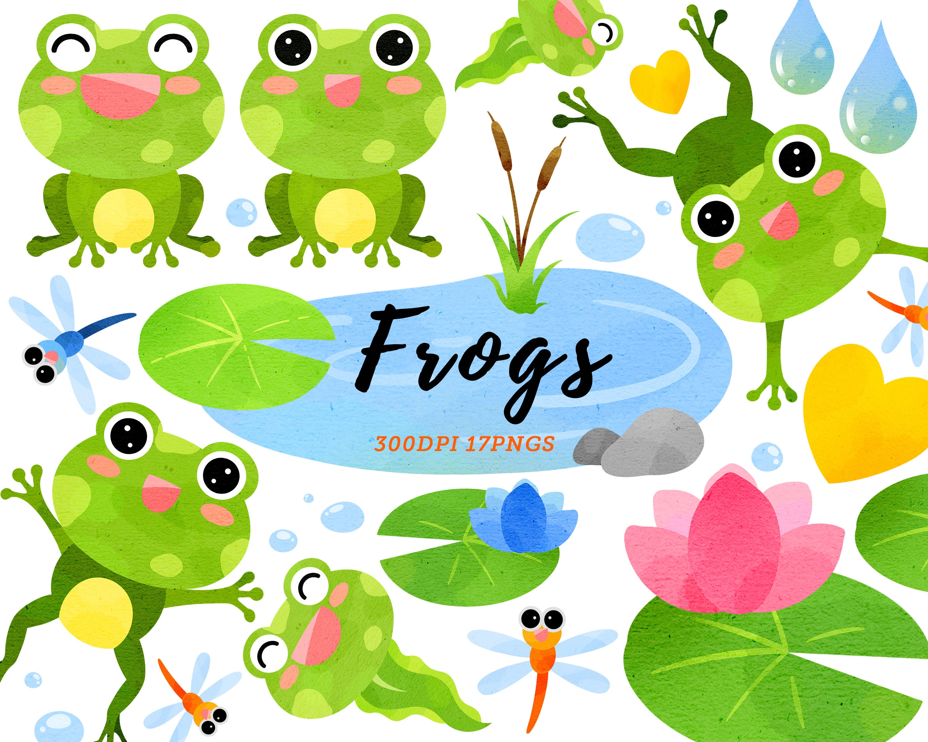 Watercolor Frogs Clipart / Pond Download / Cute Frogs / Dragonfly ...