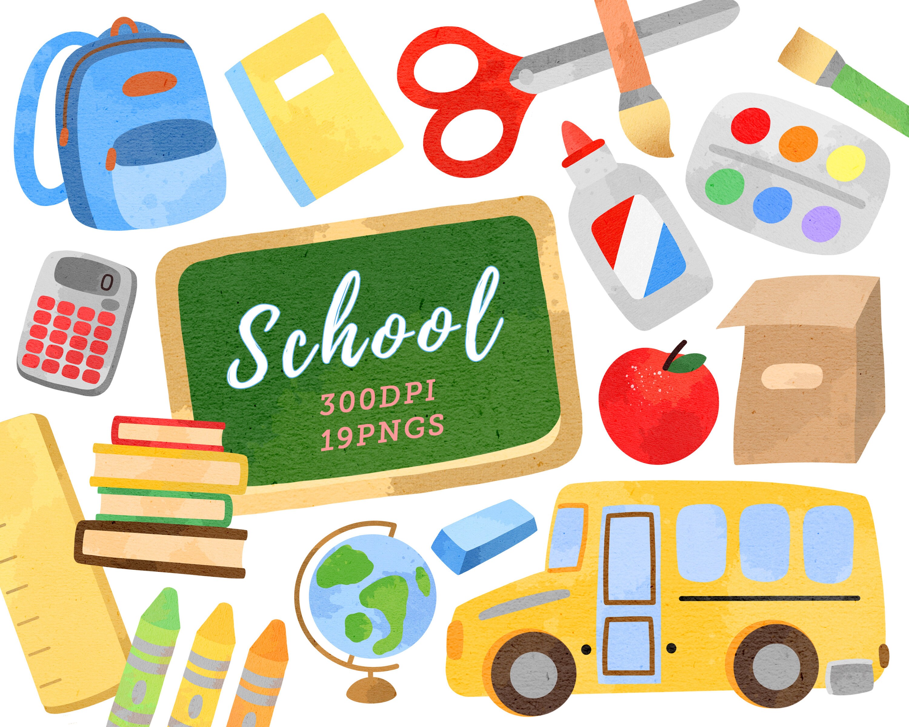 Watercolor School Clipart / Back to School Download / Cute School ...