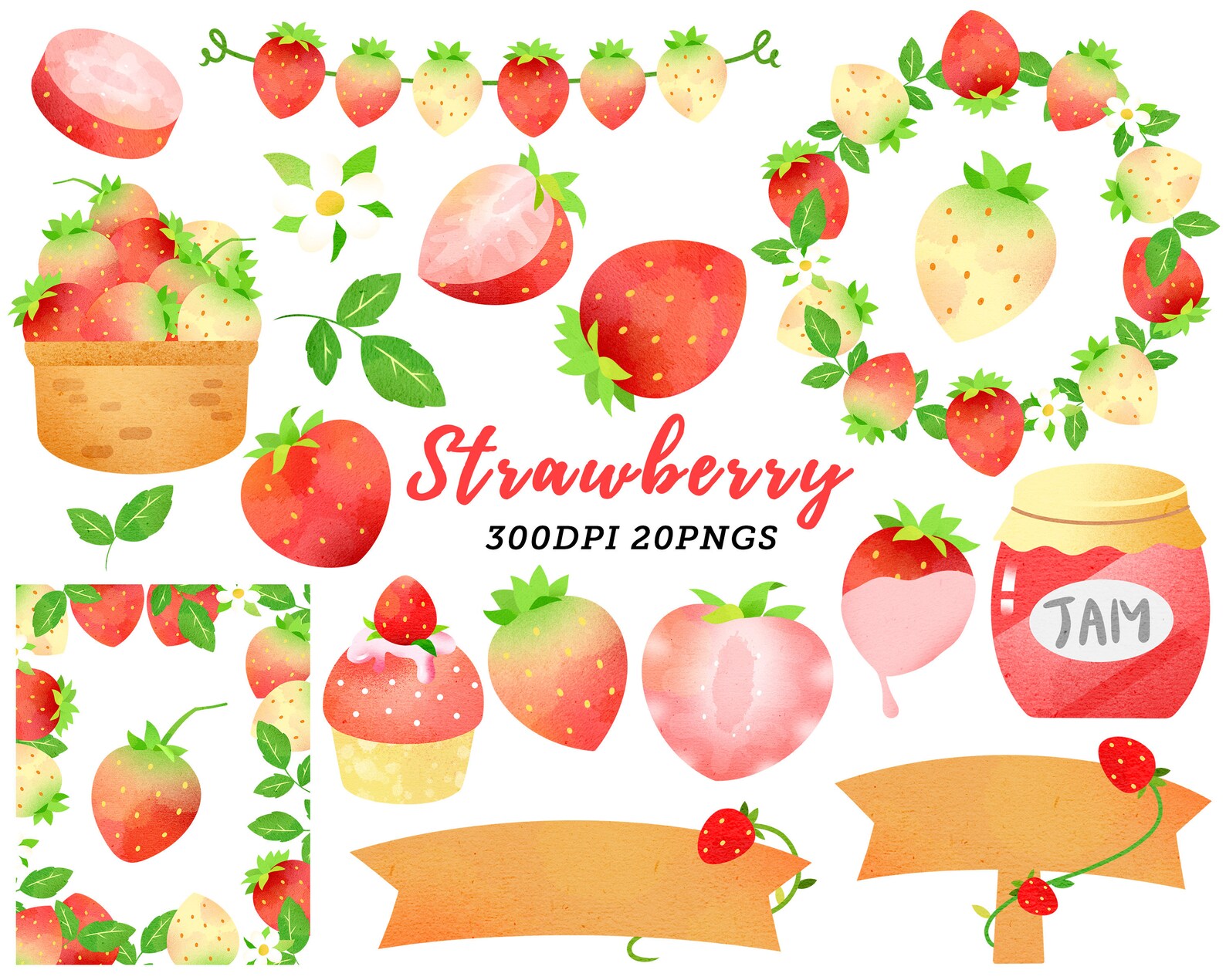 Watercolor Strawberry Clipart / Strawberry Frames Clipart / | Etsy