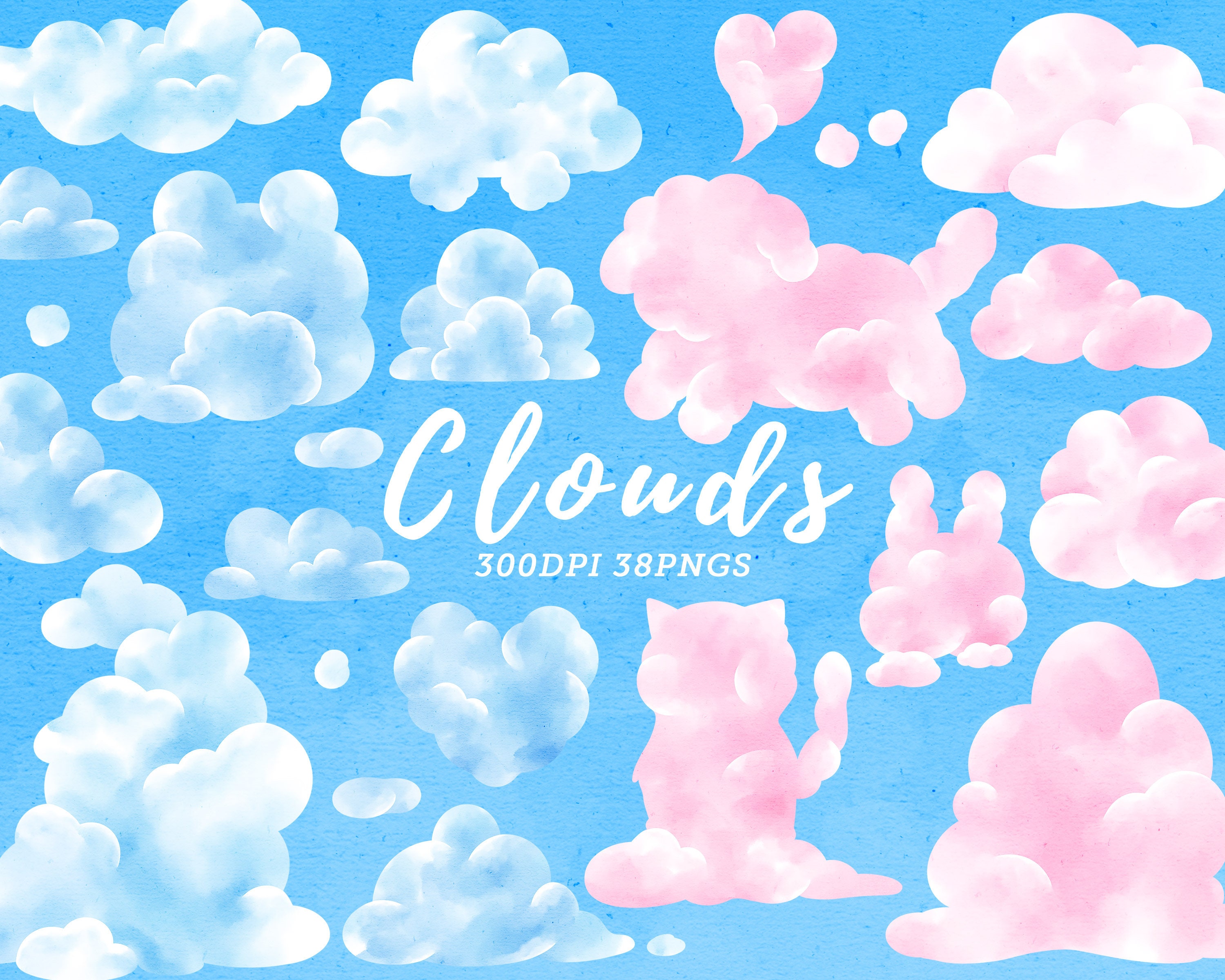Watercolor Clouds Clipart / Cloud Clipart / Pale Blue Poofy Painted ...