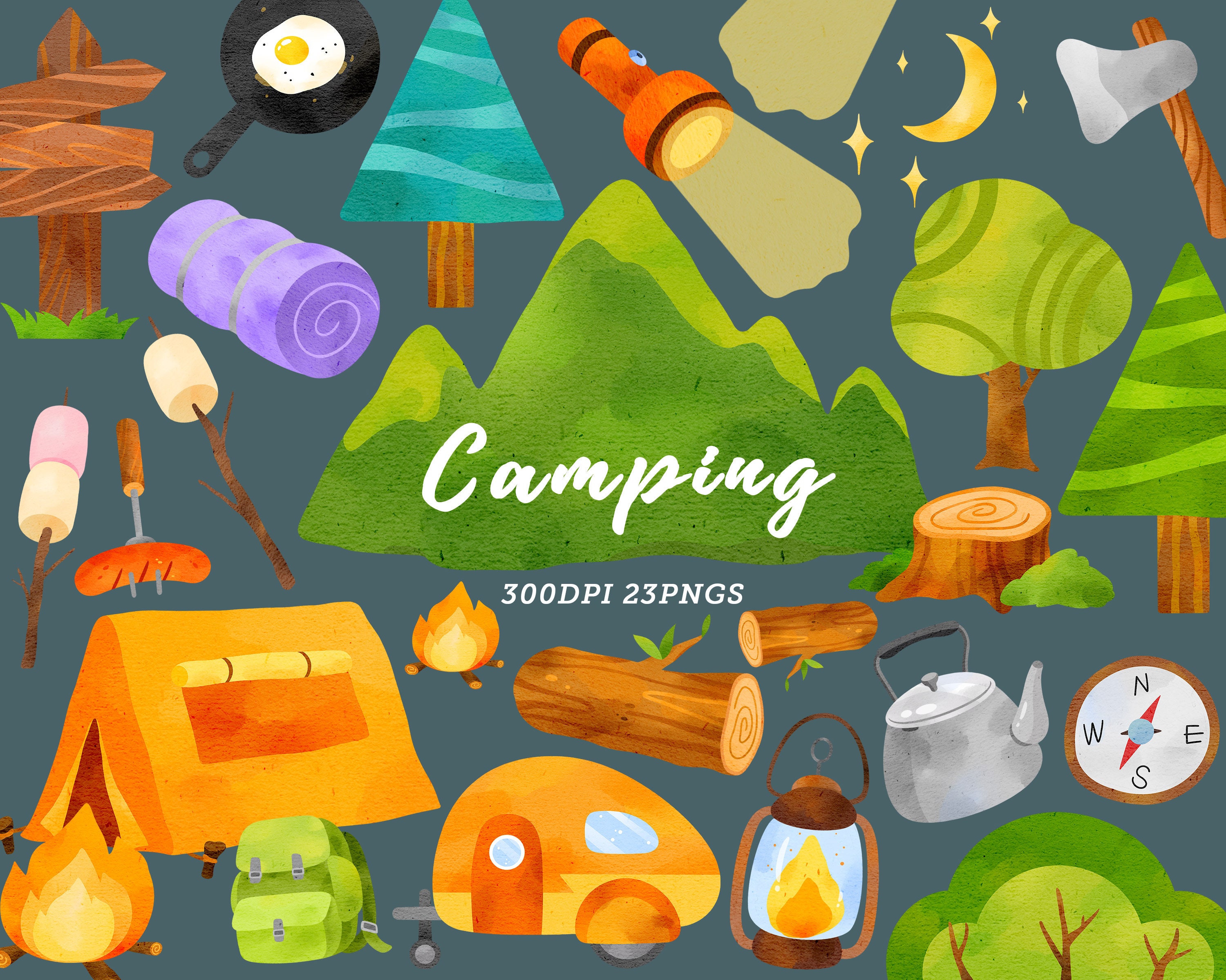 Watercolor Camping Clipart / Camping Clip Art / Travel Clipart ...