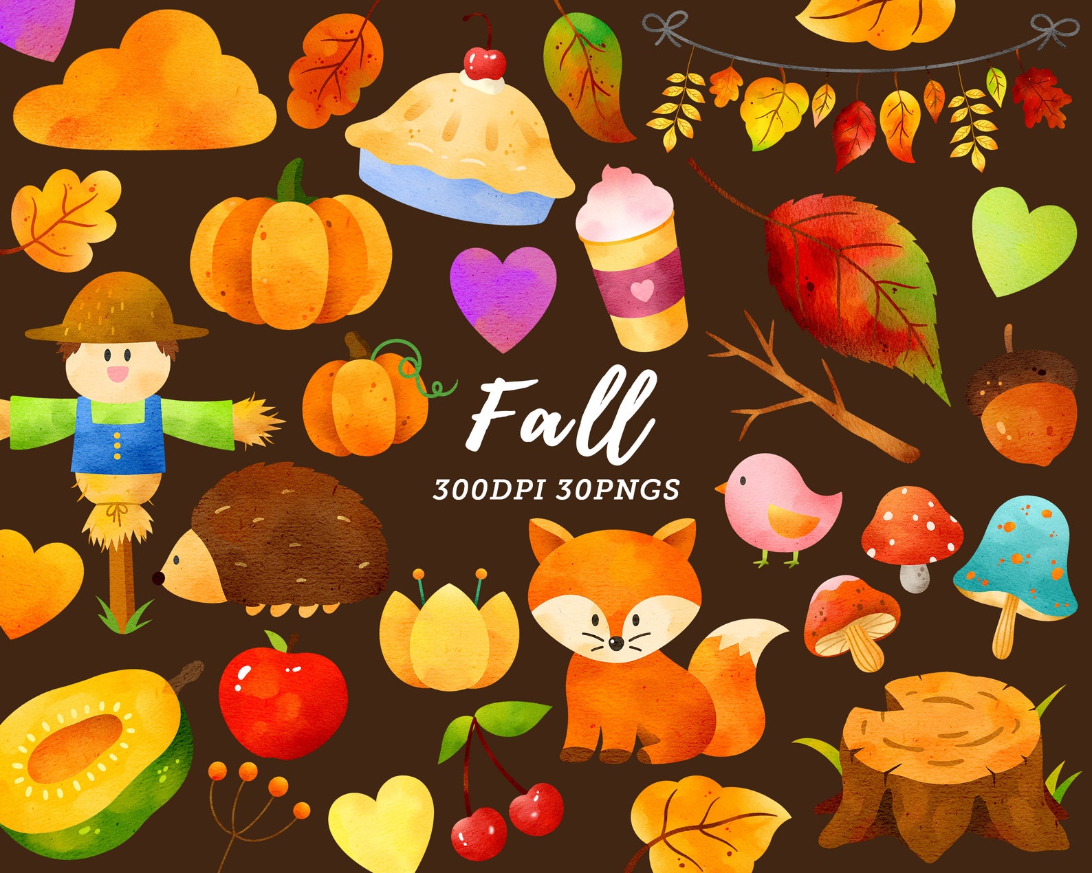 Watercolor Fall Clipart / Autumn Clipart / Pumpkin Clipart / Leaves ...