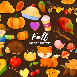Watercolor Fall Clipart / Autumn Clipart / Pumpkin Clipart / Leaves ...
