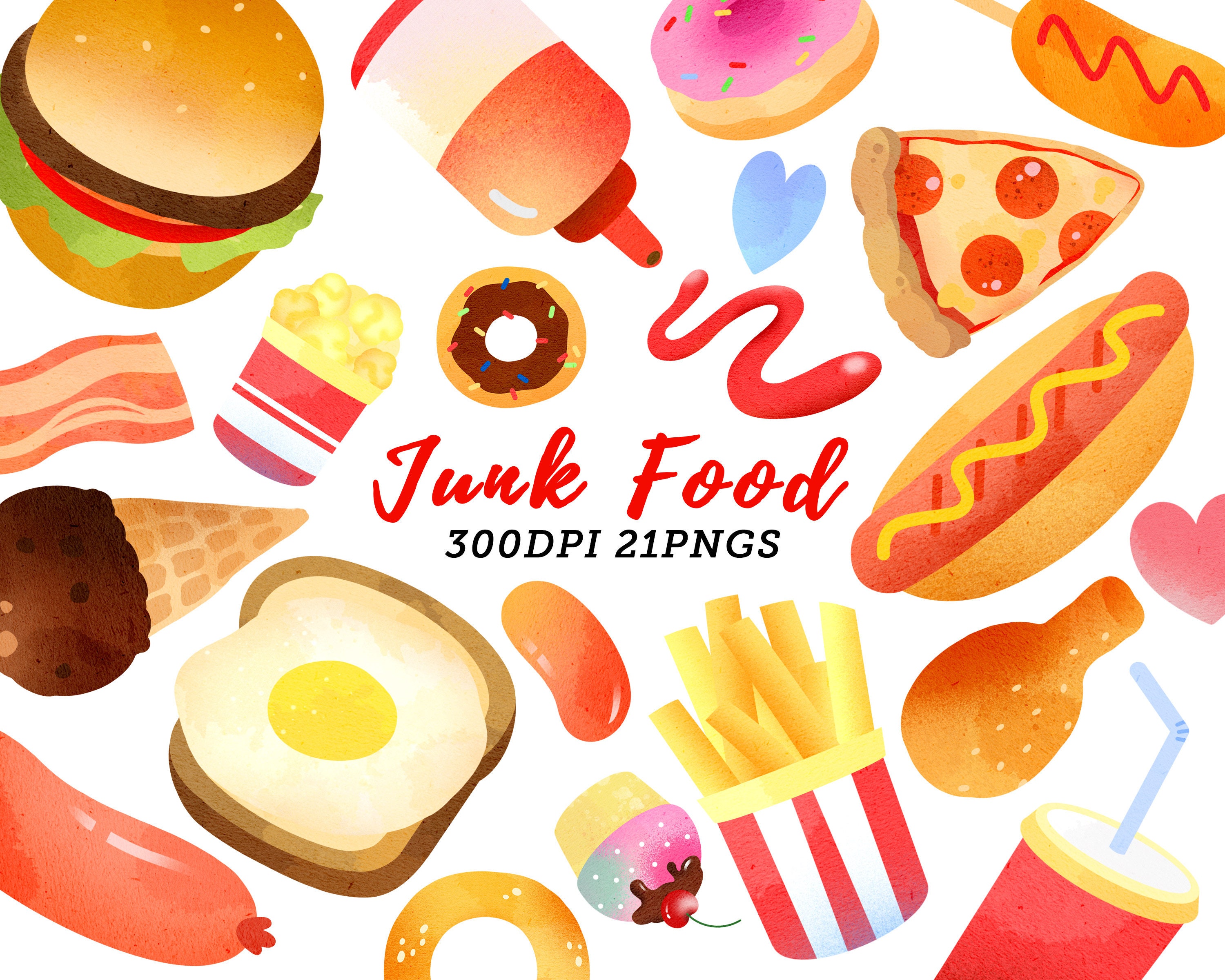 Watercolor Junk Food Clipart / Fast Food Download / Popcorn / Pizza ...