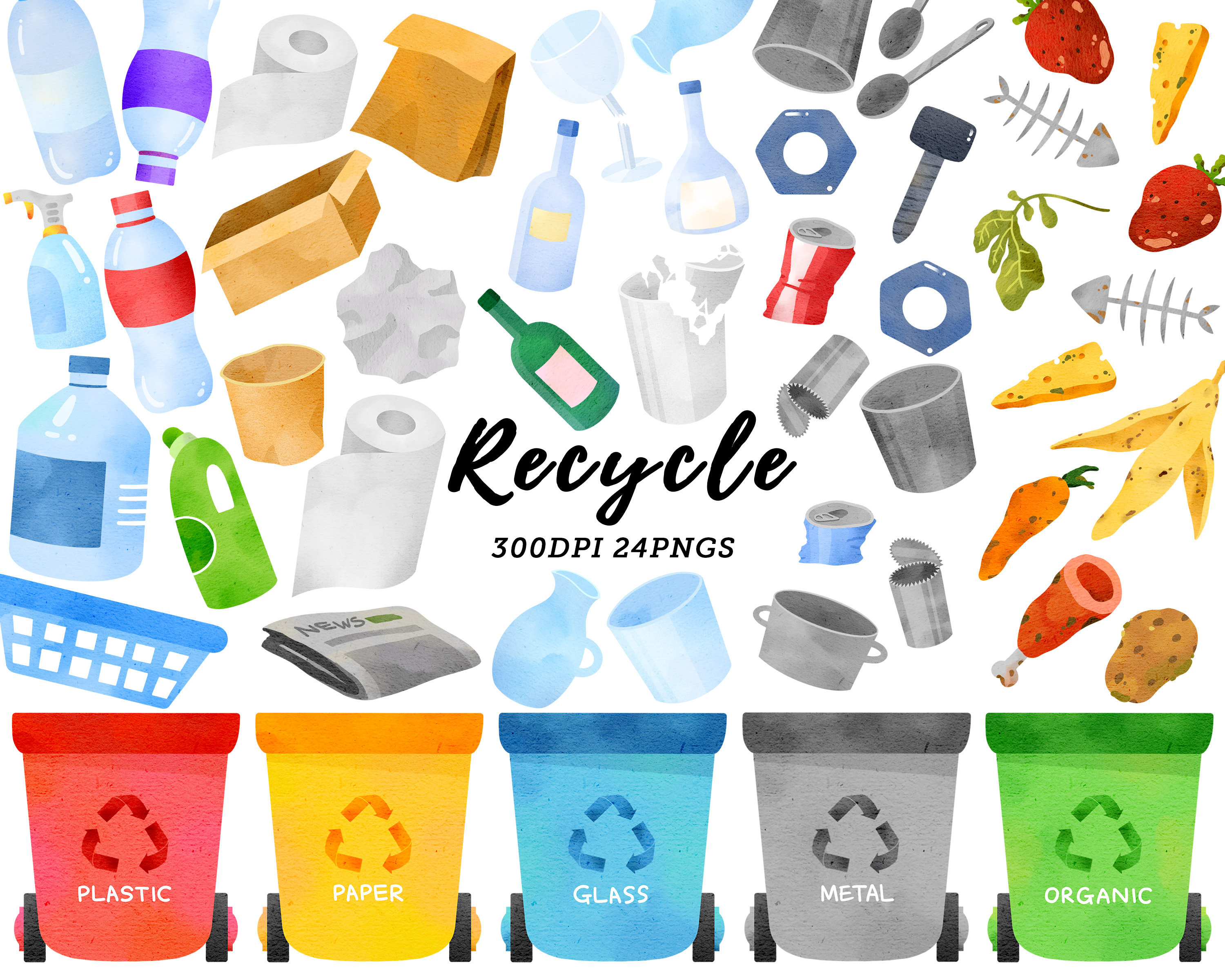 Watercolor Recycle Clipart / Recycling Trash Clipart / Recycling Guide ...