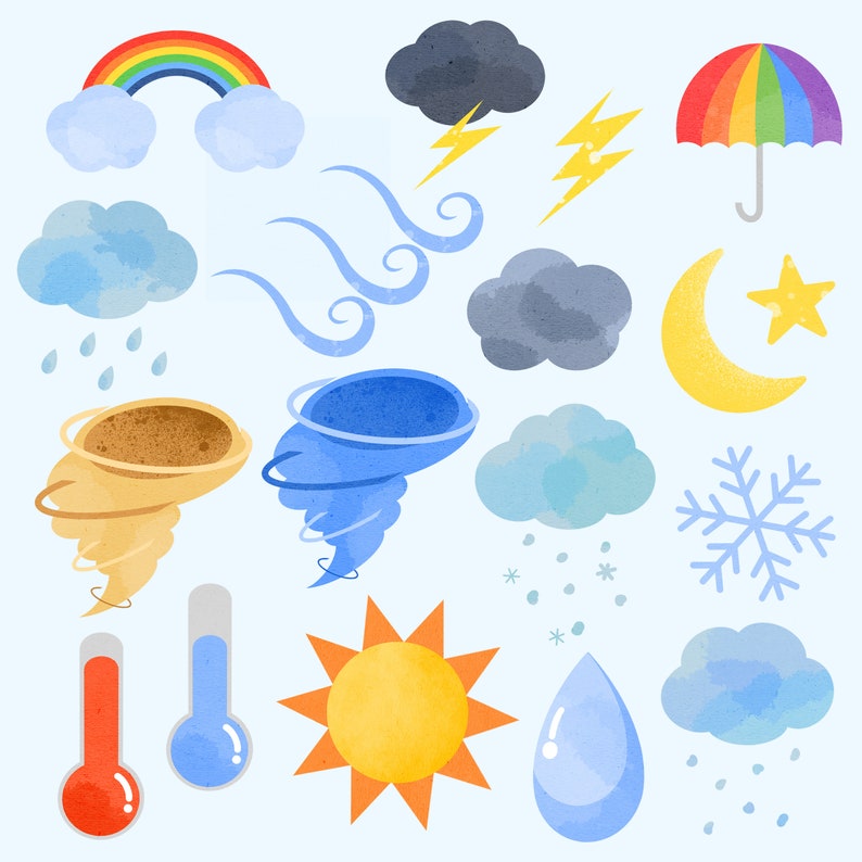 Watercolor Weather Clipart / Clouds Download / Umbrella / Rainbow ...