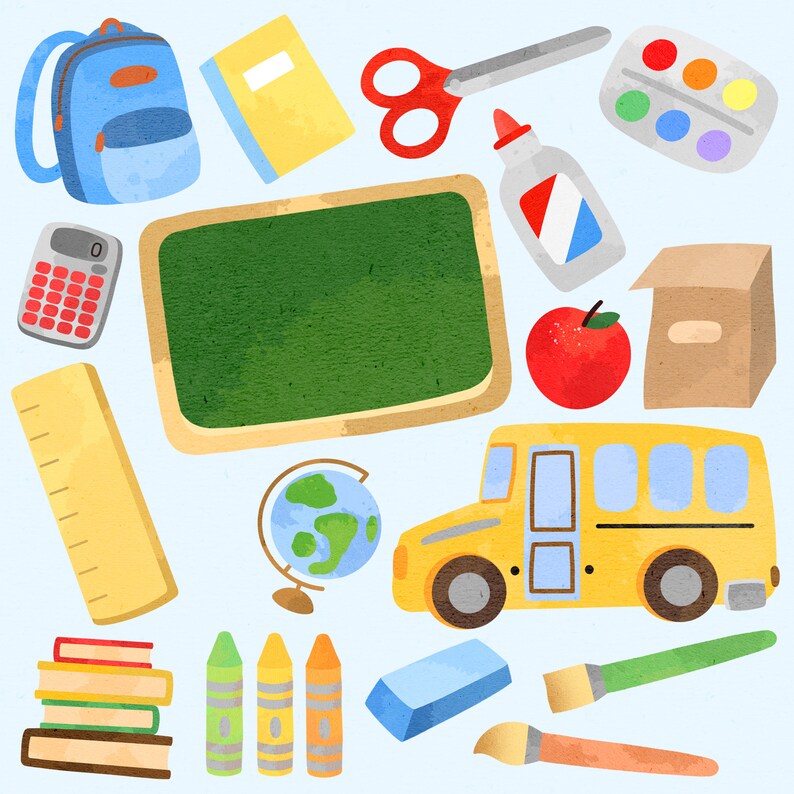 Watercolor School Clipart / Back to School Download / Cute School ...