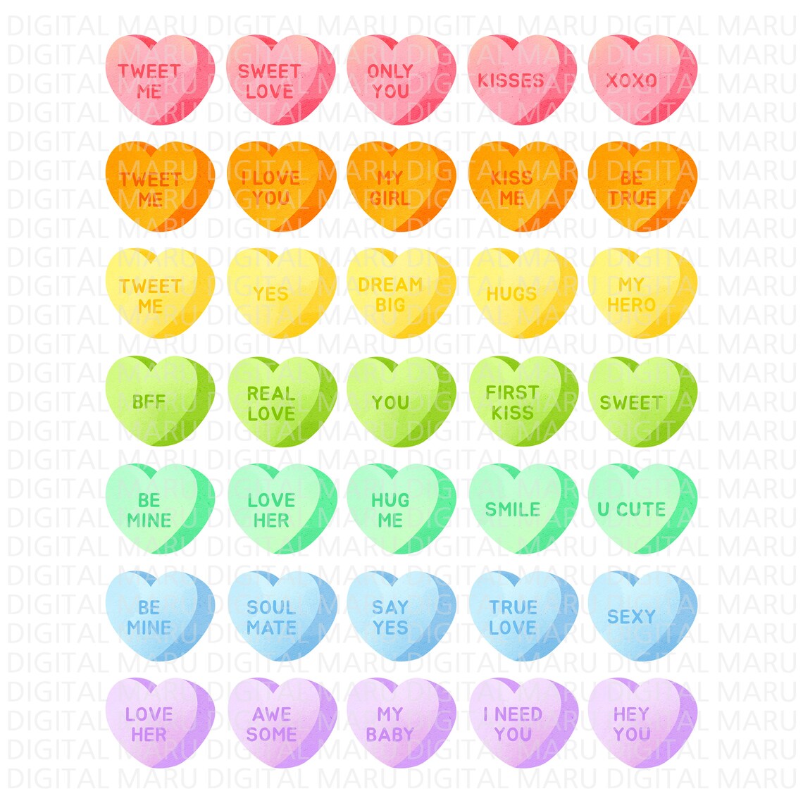Watercolor Candy Hearts Clipart / Conversation Hearts Clipart ...