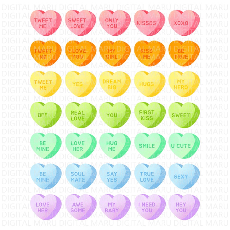 Watercolor Candy Hearts Clipart / Conversation Hearts Clipart ...