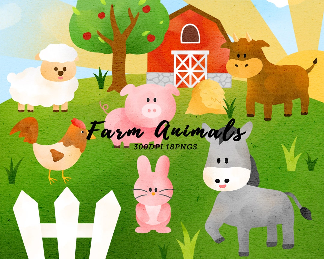 Watercolor Farm Animals Clipart / Farm / Barn / Farmyard Animals / Pig ...