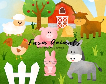 Farm Watercolor Clipart Pig Cow Dog Barn Digital Graphics - Etsy