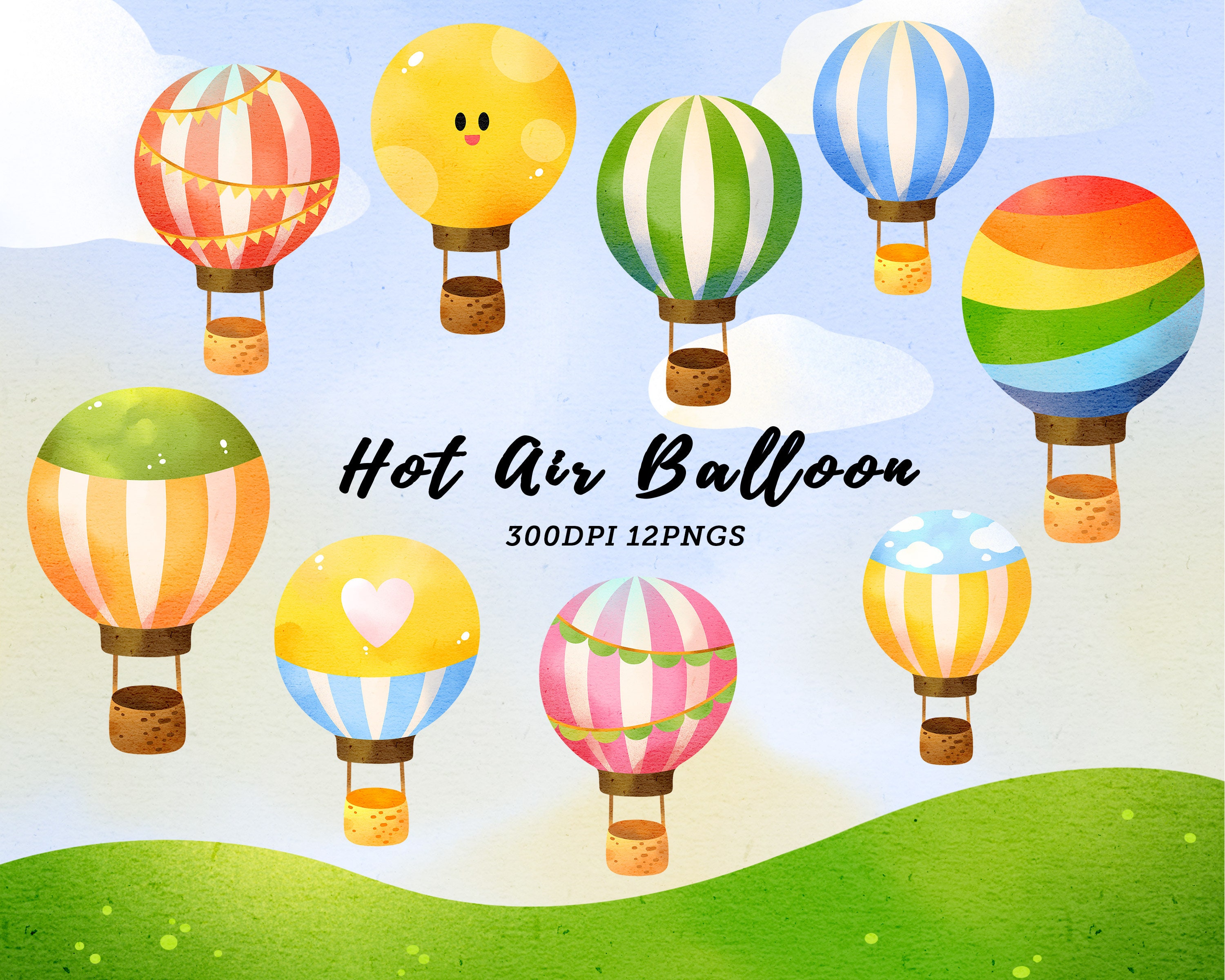 Watercolor Hot Air Balloon Clipart / Baby Nursery Balloon / Clouds ...