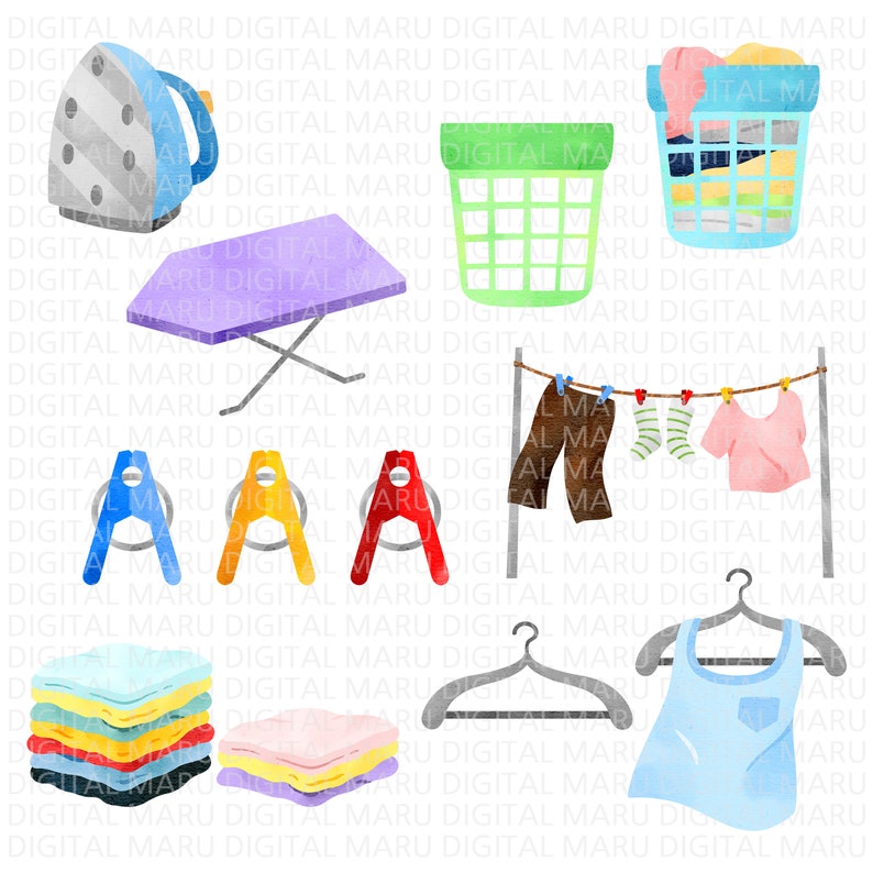 Watercolor Laundry Clipart / Cleaning Clipart / Washing Machine Clipart ...