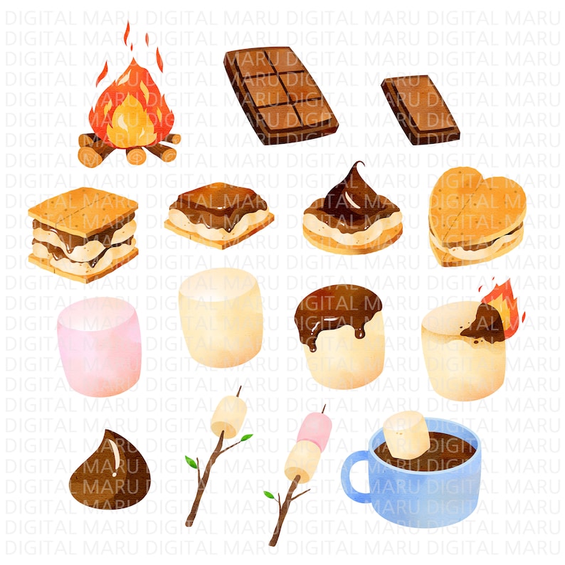 Watercolor Smores Clipart / Marshmallows Clipart / Campfire / Smore's ...