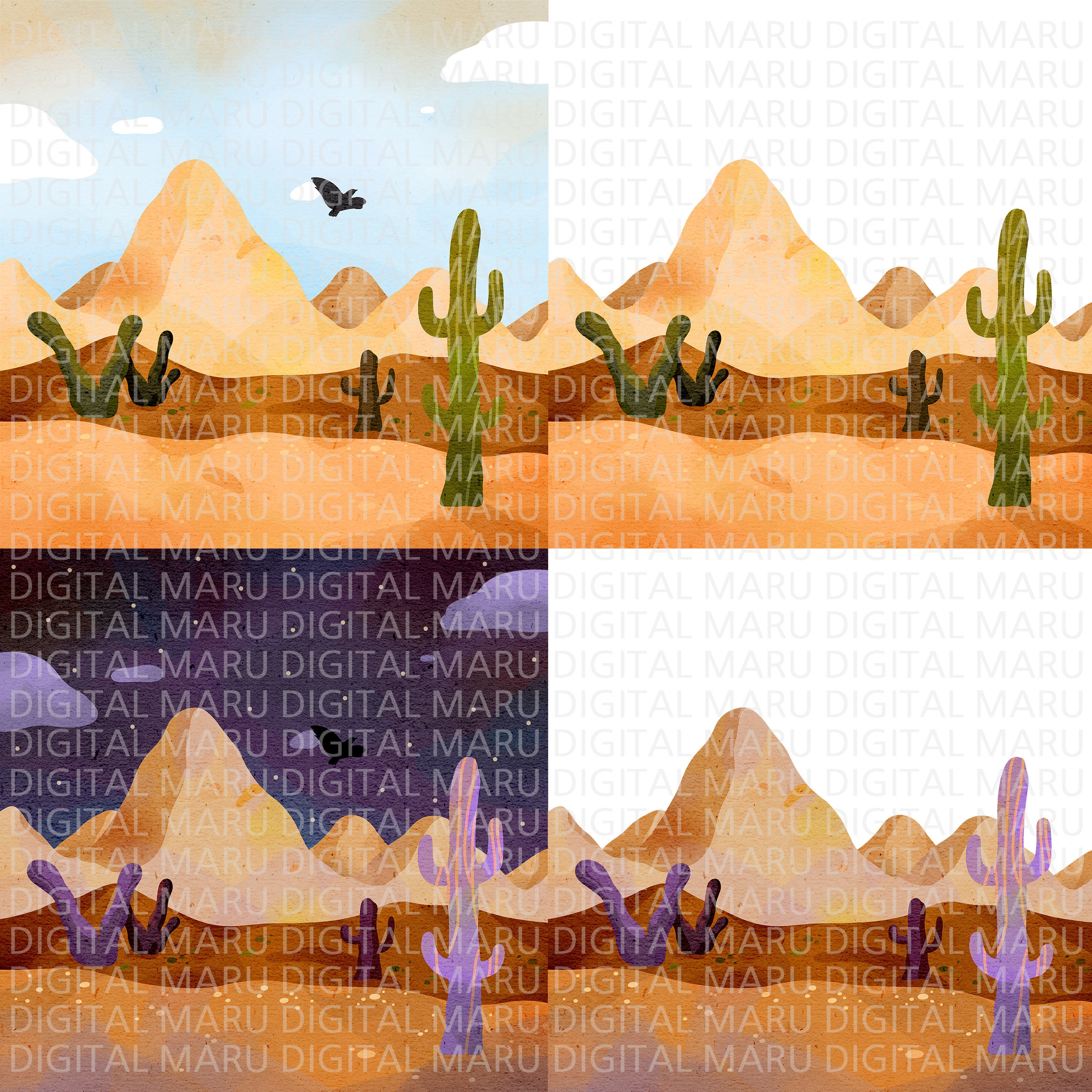 Watercolor Desert Scene Clipart / Seamless Desert Sunset Scenes / Cacti ...