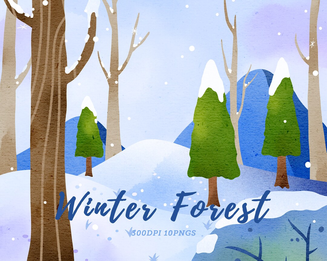Watercolor Winter Forest Clipart / Winter Background / Pine Tree ...