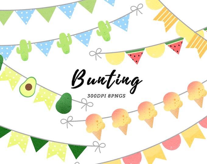 Bunting Clipart Bundle, Watercolor Pastel Flag PNG Digital Download ...