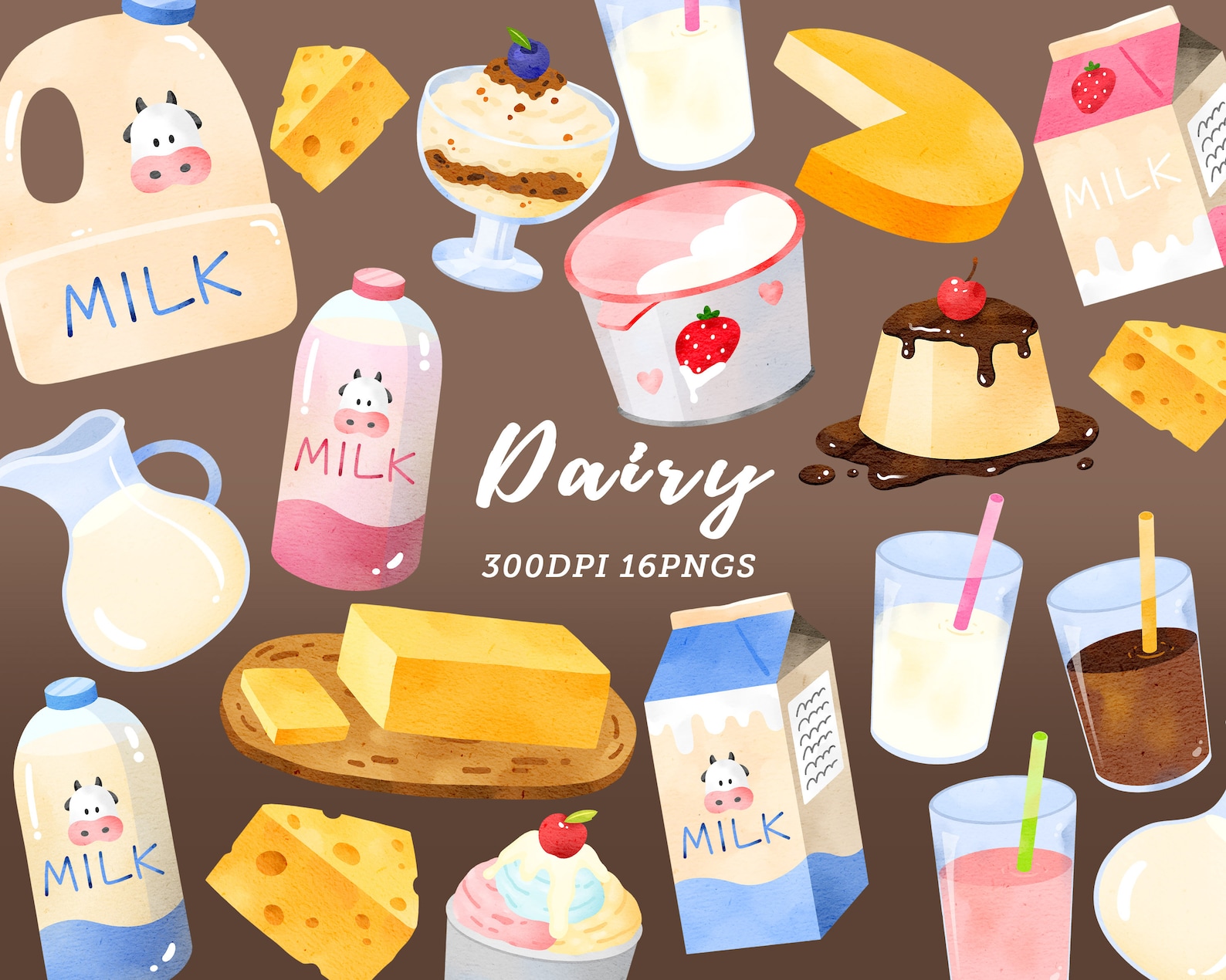 Watercolor Dairy Clipart / Milk Clip Art / Butter / Cheese / Milk Jug ...