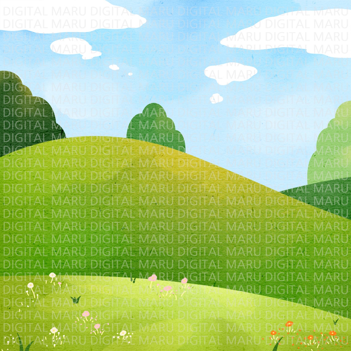 Watercolor Farm Scene Clipart / Farm Clipart / Grassy Hills / Farmland ...