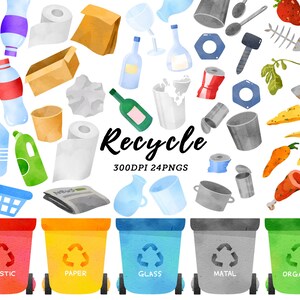 Watercolor Recycle Clipart / Recycling Trash Clipart / - Etsy